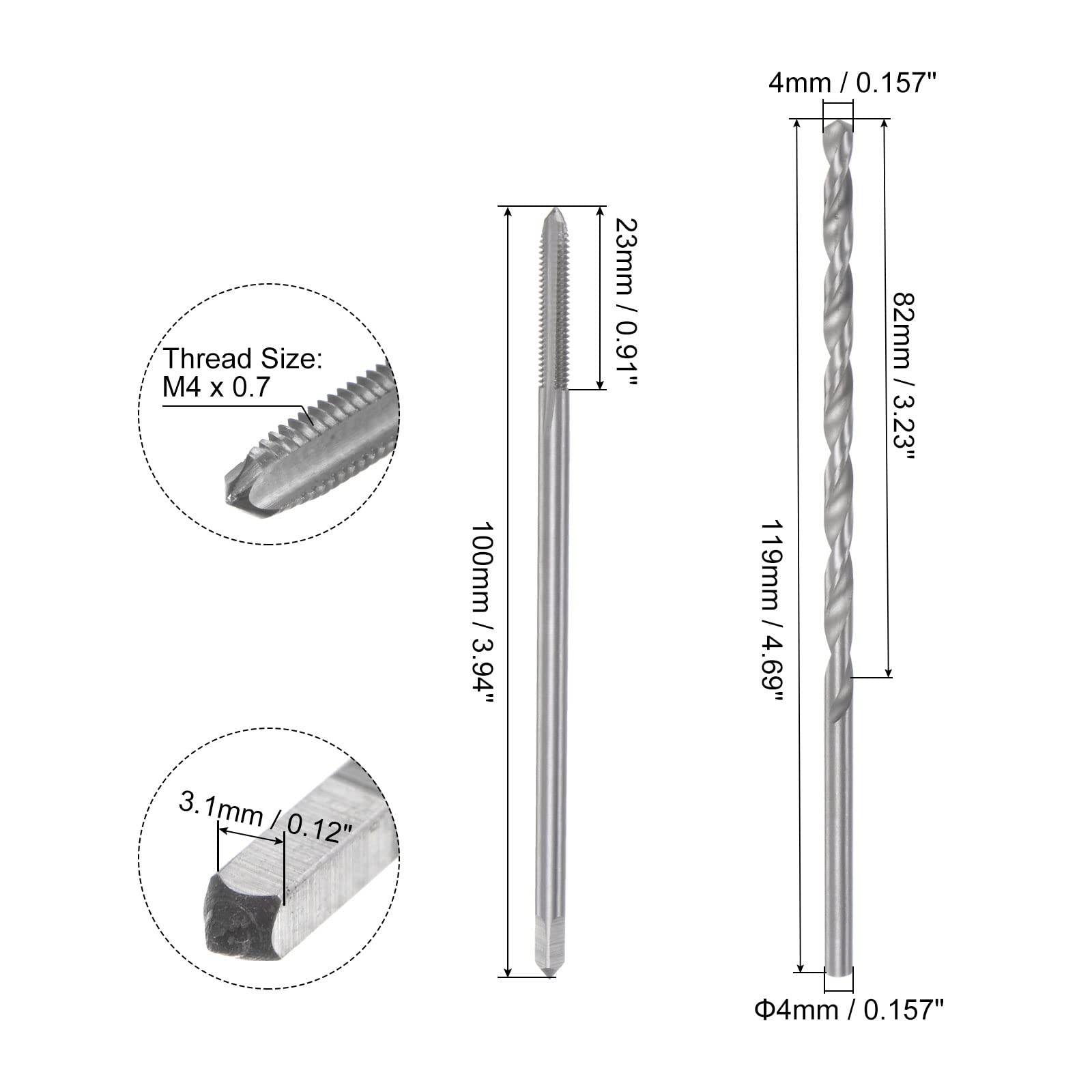 uxcell Tap & Bit Sets, M4 x 0.7 H2 Straight Flute Machine Thread Milling Tap 100mm Extra Long, 4mm High Speed Steel (HSS) Twist Drill Bit