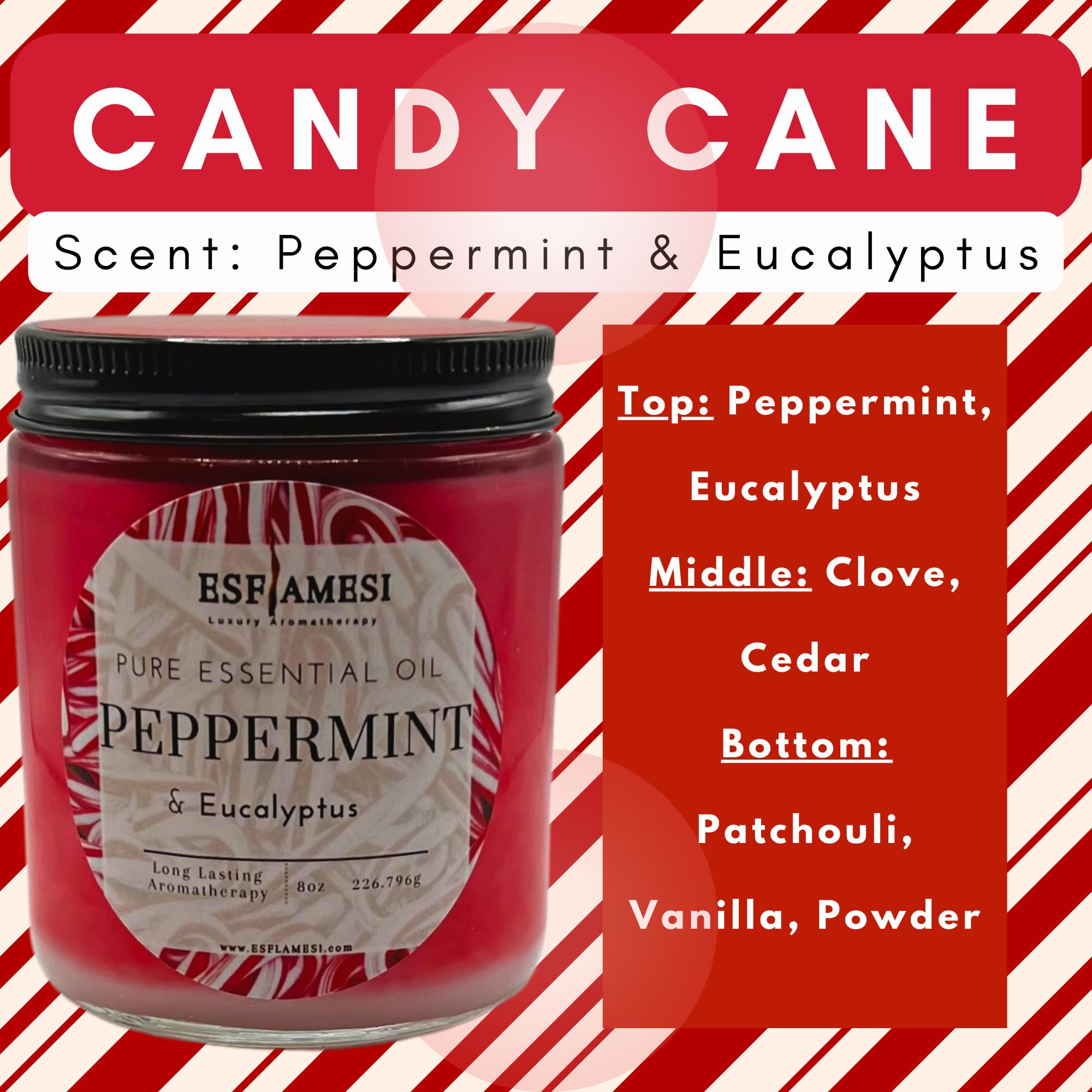 CHRISTMAS CANDLE | Peppermint + Eucalyptus | STRONGLY SCENTED | Christmas Scents | Holiday Stocking Stuffers | Handcrafted USA (Premium Wax Blend, 8oz)