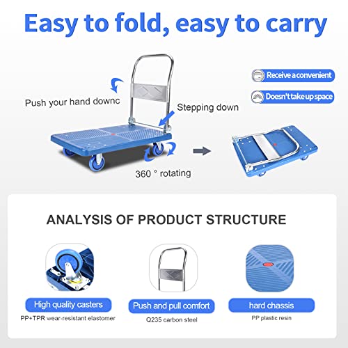 Heavy Duty Platform Hand Truck for Moving, Folding Flatbed Dolly with 360 Degree Swivel Wheels Foldable Push Hand Cart for Loading and Storage (S)