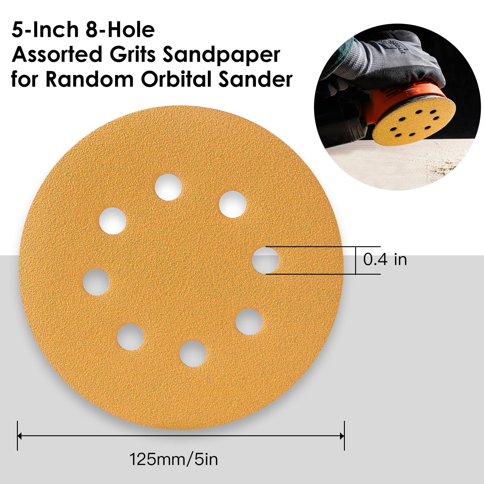 Spmarkt Dustless Sanding Discs 5-Inch 8-Hole, Anti-Shedding Hook and Loop Orbital Sander Pads, 60/80/ 120/180/ 240/320/ 400/600 Grits Sand Paper Discs for Random Orbital Sander, 120-PCS