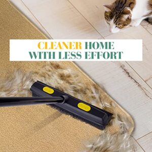 Bonpally Pet Hair Removal Broom Rubber Broom, Carpet Rake Fur Remover Broom with Squeegee and Telescoping Handle, Portable Lint Remover, Dog and Cat Hair Remover for Carpets, Couch, Yellow/Black