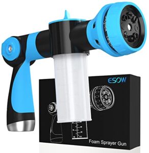 esow garden hose nozzle, high pressure foam sprayer gun 8 way spray pattern with 3.5oz/100cc soap dispenser bottle, snow foam gun for car wash, watering plants, lawn, patio, showering pet, cleaning