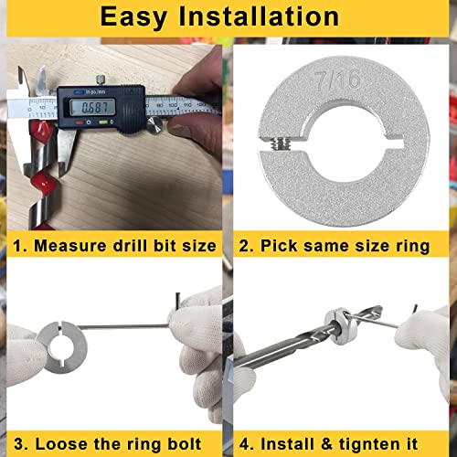 Aluminum Stop Collar Set Drill Bit Depth Stop Superior Split Ring Design - 8 Piece Set (1/2", 7/16”, 3/8”, 5/16”, ¼”, 7/32”, 3/16”, 1/8”) Drill Bit Holder