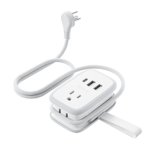 USB C Travel Power Strip, NTONPOWER Flat Plug Power Strip with 3ft Wrapped Around Extension Cord, 2 Outlets 3 USB Ports(1 USB-C) Cruise Ship Approved, Compact for Hotel, Travel Essentials Must Have