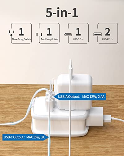 USB C Travel Power Strip, NTONPOWER Flat Plug Power Strip with 3ft Wrapped Around Extension Cord, 2 Outlets 3 USB Ports(1 USB-C) Cruise Ship Approved, Compact for Hotel, Travel Essentials Must Have