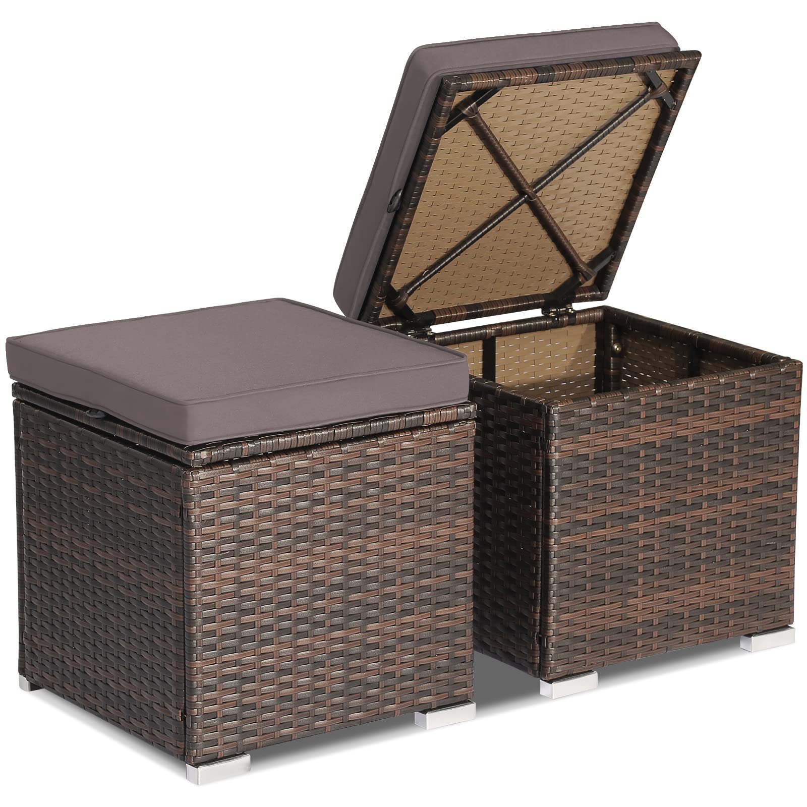 Tangkula 2 Pieces Patio Ottomans, Patiojoy Hand-Woven PE Rattan Side Table with Removable Cushion & Hidden Storage Space, Multifunctional Storage Box, Seat for Patio, Backyard, Poolside (Grey)