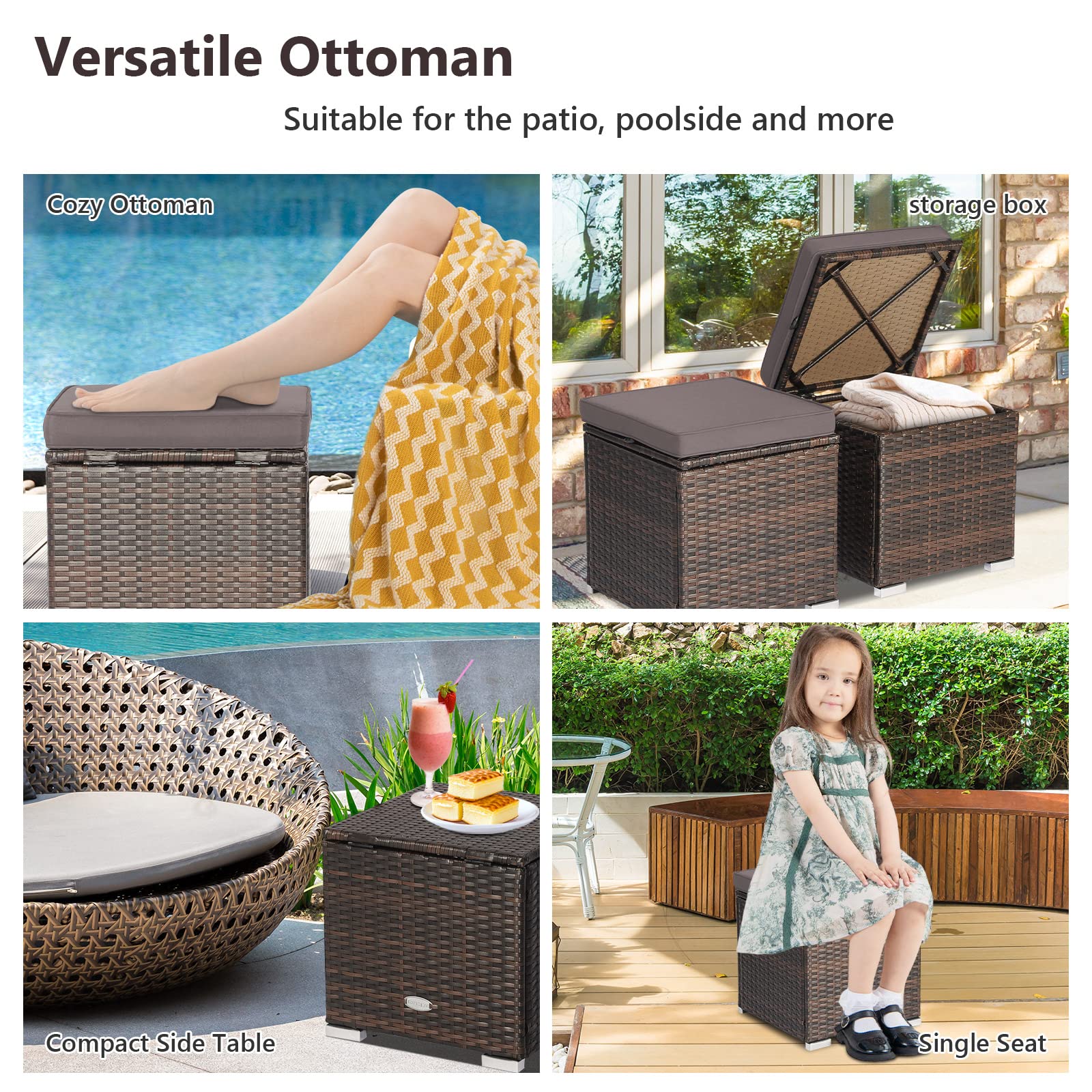 Tangkula 2 Pieces Patio Ottomans, Patiojoy Hand-Woven PE Rattan Side Table with Removable Cushion & Hidden Storage Space, Multifunctional Storage Box, Seat for Patio, Backyard, Poolside (Grey)