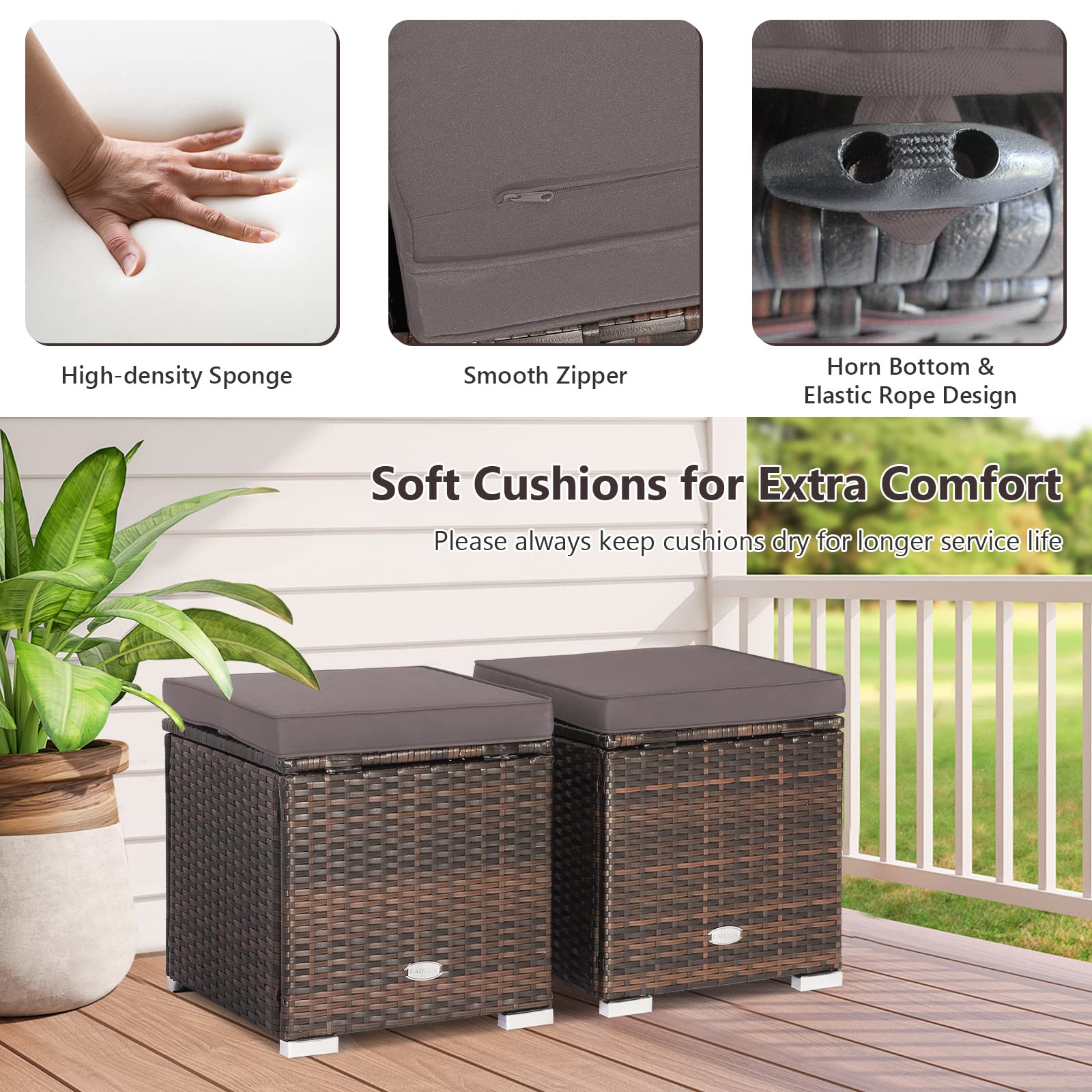 Tangkula 2 Pieces Patio Ottomans, Patiojoy Hand-Woven PE Rattan Side Table with Removable Cushion & Hidden Storage Space, Multifunctional Storage Box, Seat for Patio, Backyard, Poolside (Grey)