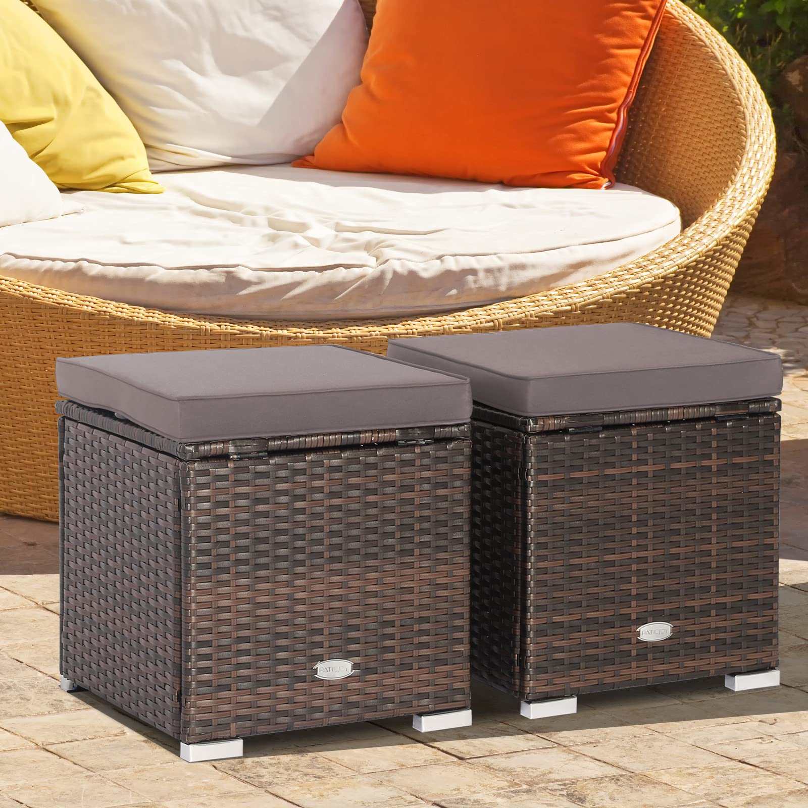 Tangkula 2 Pieces Patio Ottomans, Patiojoy Hand-Woven PE Rattan Side Table with Removable Cushion & Hidden Storage Space, Multifunctional Storage Box, Seat for Patio, Backyard, Poolside (Grey)