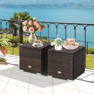 Tangkula 2 Pieces Patio Ottomans, Patiojoy Hand-Woven PE Rattan Side Table with Removable Cushion & Hidden Storage Space, Multifunctional Storage Box, Seat for Patio, Backyard, Poolside (Grey)