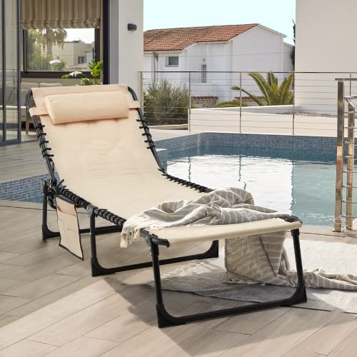 HOMREST Patio Chaise Lounge Chair, Folding Recliner Adjustable Lounge Chair with Detachable Pocket and Pillow, Lightweight Pool Lounge Chairs for Outdoor Beach Lawn and Sunbathing（Khaki）