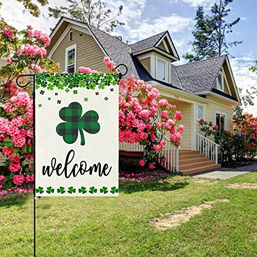 St Patrick's Day Garden Flag，Welcome Double Sided Irish Garden Flag，12x18 Inch Double Sided Shamrock Lucky Clover Holiday Yard Outdoor Flag