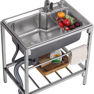 Stainless Steel Utility Sink Single Bowl Commercial Restaurant Kitchen Sink with Storage Shelve Laundry tub & Hot and Cold Faucet Free Standing Sink for Laundry Backyard Garage(28x18.5x29.5in)