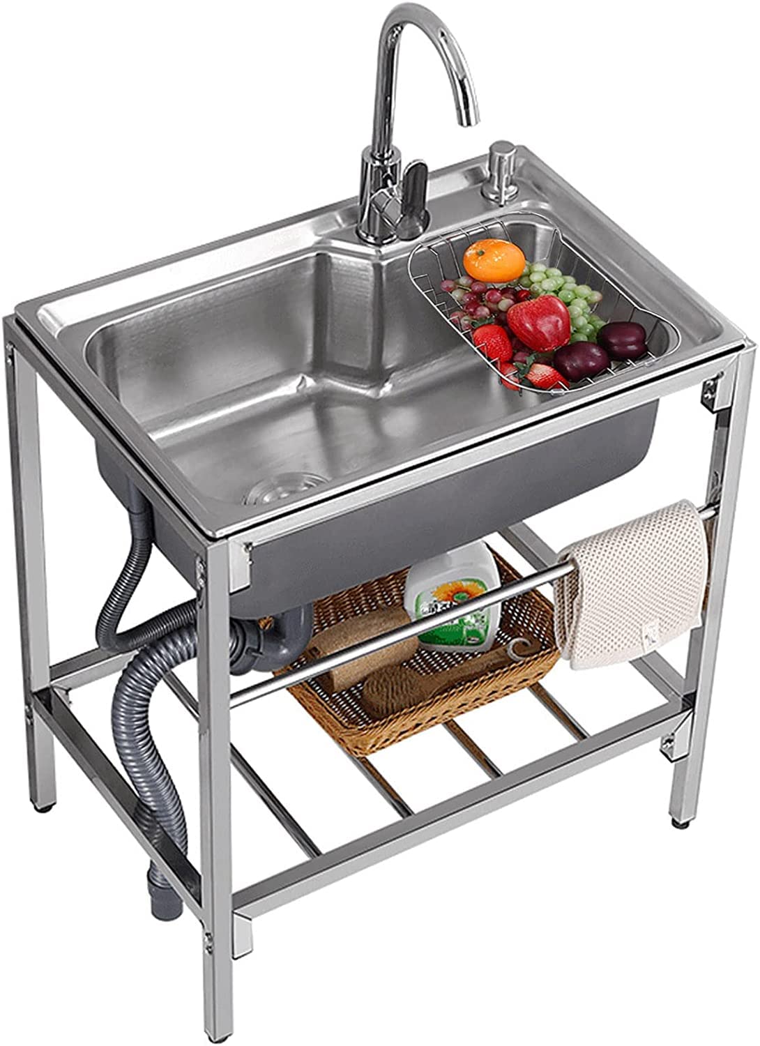 Stainless Steel Utility Sink Single Bowl Commercial Restaurant Kitchen Sink with Storage Shelve Laundry tub & Hot and Cold Faucet Free Standing Sink for Laundry Backyard Garage(28x18.5x29.5in)