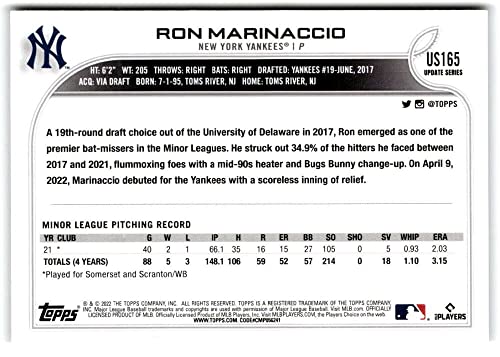 2022 Topps Update #US165 Ron Marinaccio RC Rookie New York Yankees Baseball Trading Card