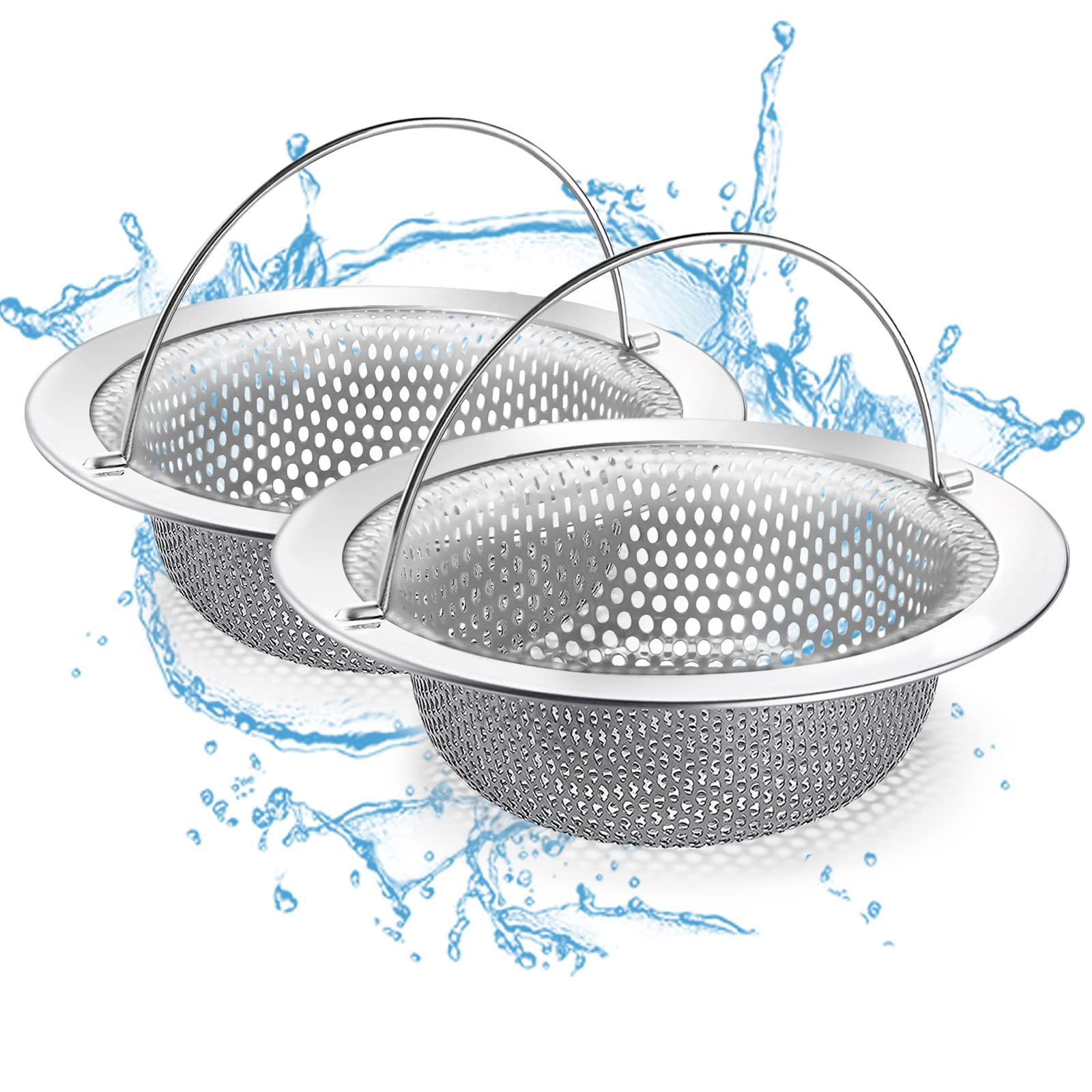 Sink Drain Strainer, 2 PCS Kitchen Sink Strainer - Upgraded Large Wide Rim 4.3" Diameter Stainless Sink Strainers for Kitchen Sinks, Suitable for Most Sink Drains, Anti Clogging - Silver with pull tab