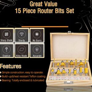 Router Bits 1/4 Shank, Router Bit Set 15 Pcs, Roundover Router Bit 1/4 Shank - Carbide Router Bits for Wood, Woodworking, DIY