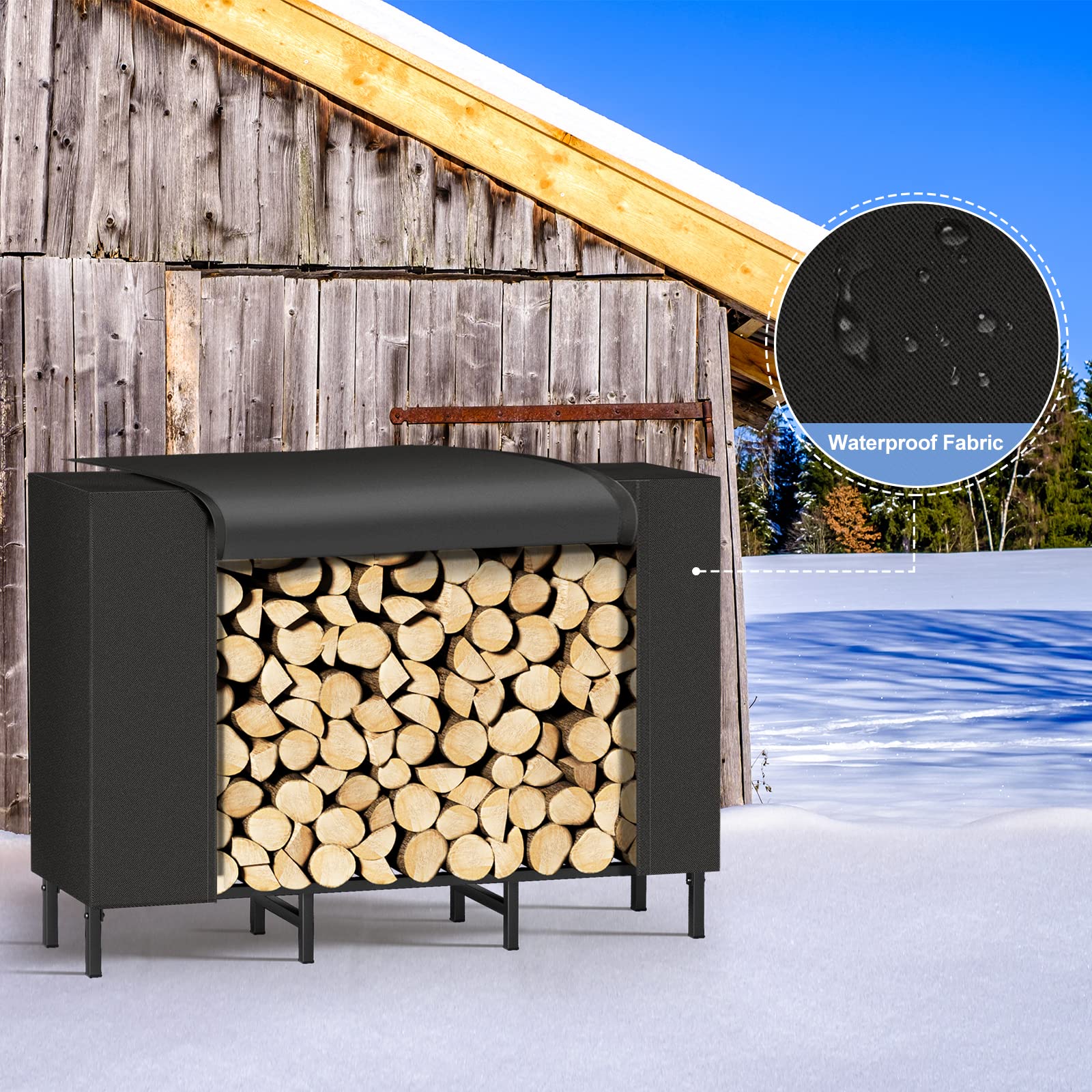 smusei Outdoor Firewood Rack with Cover 5.3Ft Wood Racks Holders for Fireplace Adjustable Metal Wood Log Storage Rack Stand Stackers for Fire Wood with Waterproof Oxford Fabric Cover, Black