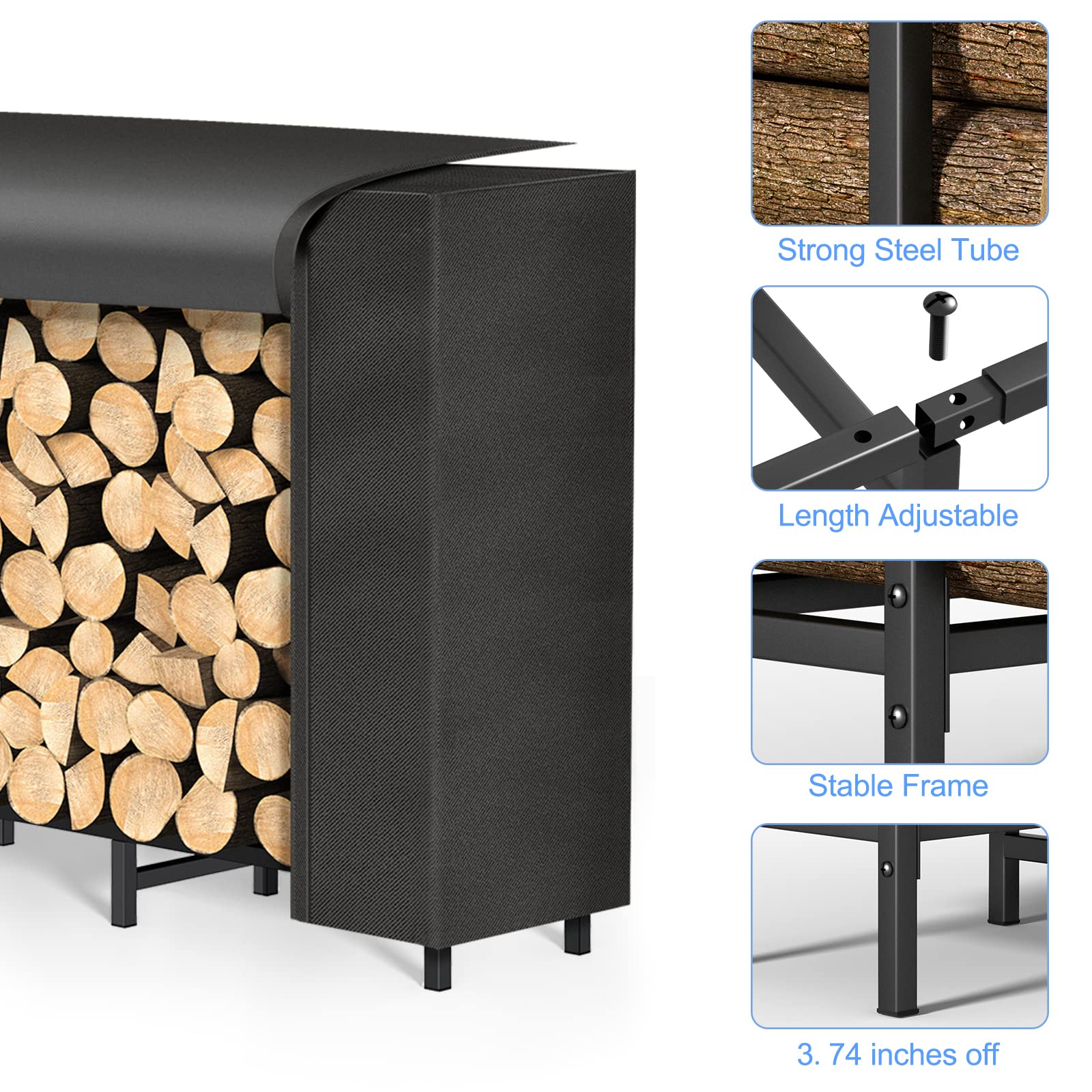 smusei Outdoor Firewood Rack with Cover 5.3Ft Wood Racks Holders for Fireplace Adjustable Metal Wood Log Storage Rack Stand Stackers for Fire Wood with Waterproof Oxford Fabric Cover, Black