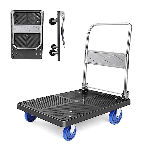 Push Cart Dolly Cart Platform Hand Truck with 800lb Platform Truck Luggage Cart Folding Flatbed Dolly with 360 Degree Swivel Wheels Foldable Push Hand Cart for Loading and Storage (Black-L)