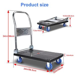 Push Cart Dolly Cart Platform Hand Truck with 800lb Platform Truck Luggage Cart Folding Flatbed Dolly with 360 Degree Swivel Wheels Foldable Push Hand Cart for Loading and Storage (Black-L)