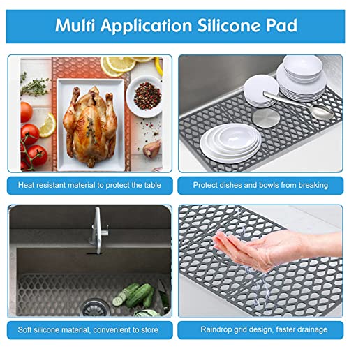 Sink Protectors for Kitchen Sink, Kitchen Sink Mats Grid Accessory 26''×13.7'', Non-slip Silicone Sink Mats,Grey Kitchen Sink Mat with Center Drain for Farmhouse Stainless Steel Ceramic Sink