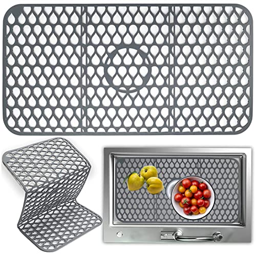 Sink Protectors for Kitchen Sink, Kitchen Sink Mats Grid Accessory 26''×13.7'', Non-slip Silicone Sink Mats,Grey Kitchen Sink Mat with Center Drain for Farmhouse Stainless Steel Ceramic Sink