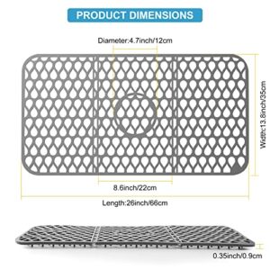 Sink Protectors for Kitchen Sink, Kitchen Sink Mats Grid Accessory 26''×13.7'', Non-slip Silicone Sink Mats,Grey Kitchen Sink Mat with Center Drain for Farmhouse Stainless Steel Ceramic Sink