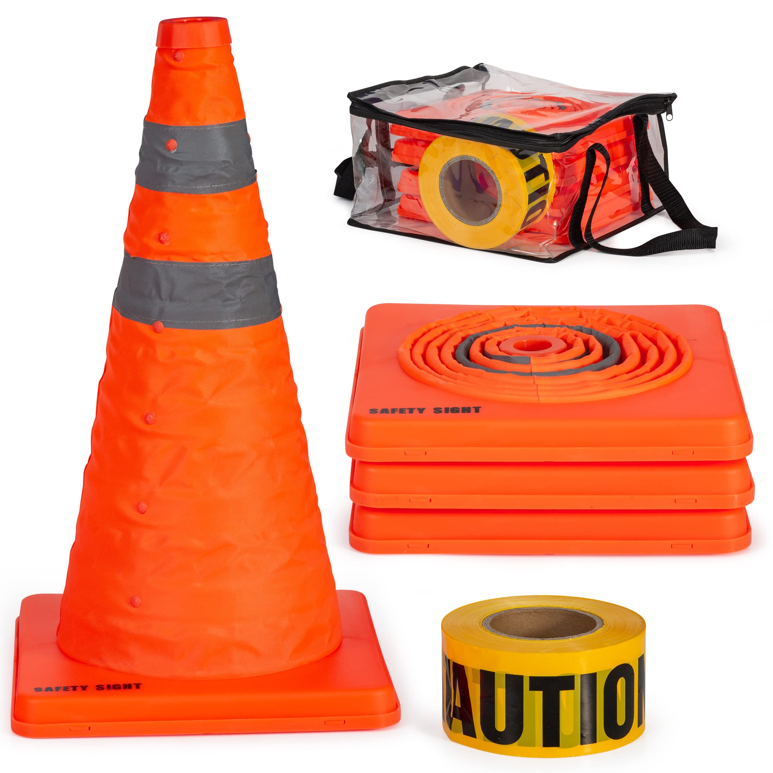 Multipurpose 4-Pack Traffic Cones 18 Inch Plus 1,000 Ft Yellow Caution Tape - Collapsible Pop-Up Safety Cones with Bright Reflective Collars - Ideal Orange Cones for Parking Lot, Driving & Training