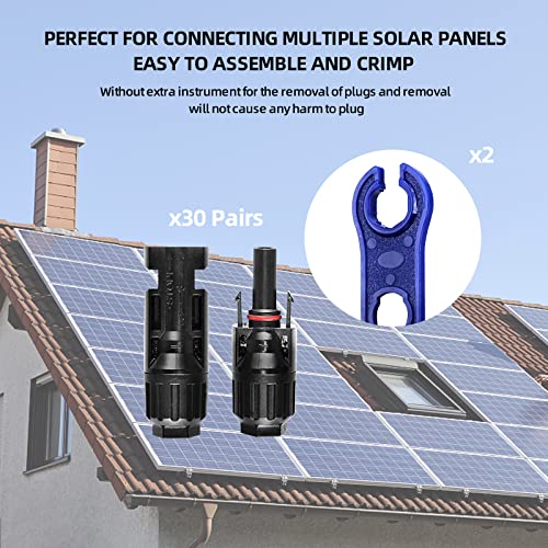 Maelorso MC4 Connectors for Solar Panel 30 Pairs IP67 Waterproof Male/Female Solar Connectors with 2pcs Spanners