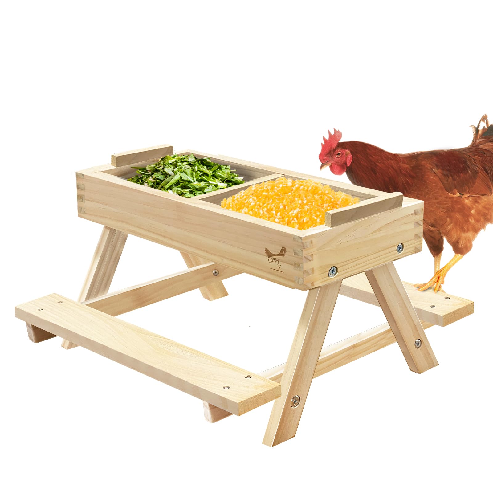 COLRASN Chicken Picnic Table,Chicken Feeder No Waste Handmade Wooden, DIY Chicken Feeder Kit, 15.7" L X 15" W X 10" H, Duck Feeder No Mess, Easy to Clean and Fill, Keep Food Fresh and Dry