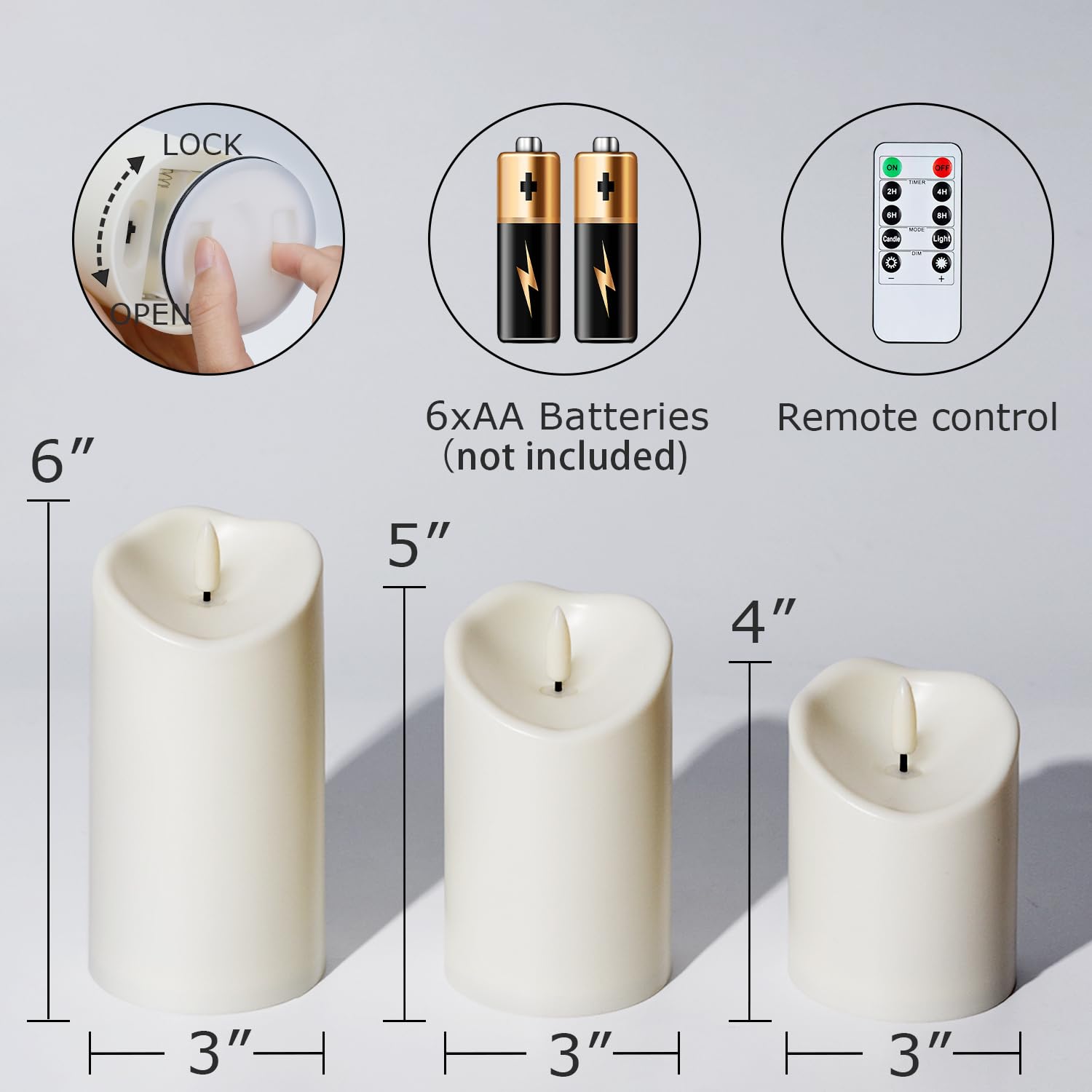 Amagic Flickering Flameless Candles, Waterproof Outdoor Indoor Battery Operated LED Candles with Remote Timers, Won't Melt, Ivory Plastic, D3 x H4 5" 6", Set of 3