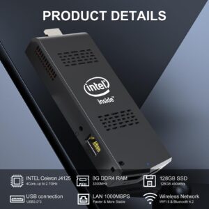 AIOEXPC PC Stick with Intel Celeron J4125 Windows 11 Pro 8GB DDR4 128GB SSD Mini Computer Stick Support UHD 4K 60Hz WiFi 2.4G/5G Gigabit Ethernet BT 4.2