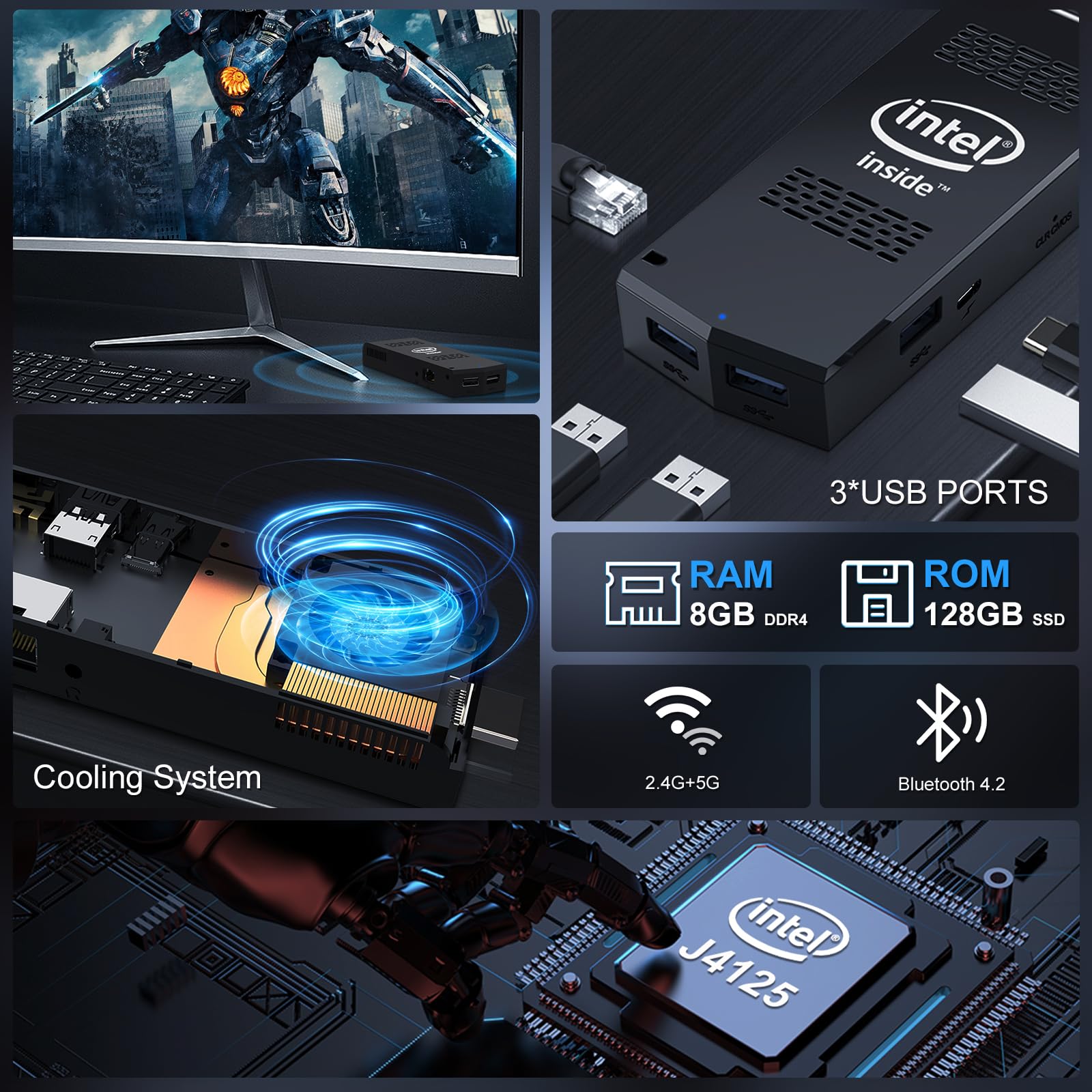 AIOEXPC PC Stick with Intel Celeron J4125 Windows 11 Pro 8GB DDR4 128GB SSD Mini Computer Stick Support UHD 4K 60Hz WiFi 2.4G/5G Gigabit Ethernet BT 4.2