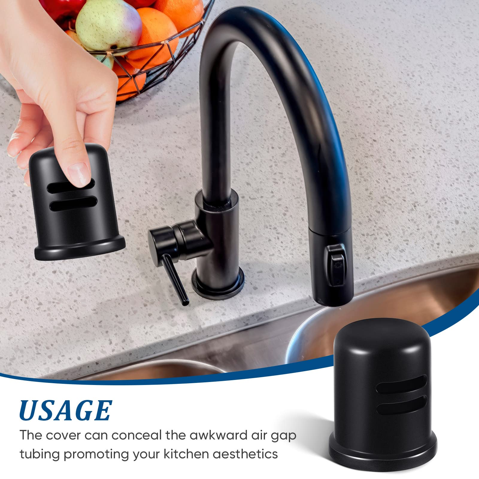 Dishwasher Air Gap Cover Air Gap Cap for Sink Solid Brass Air Gap Cover Replacement Kitchen Air Gap, 1-5/8" Cap Diameter 2-1/4 Cap Height (Matte Black Color)