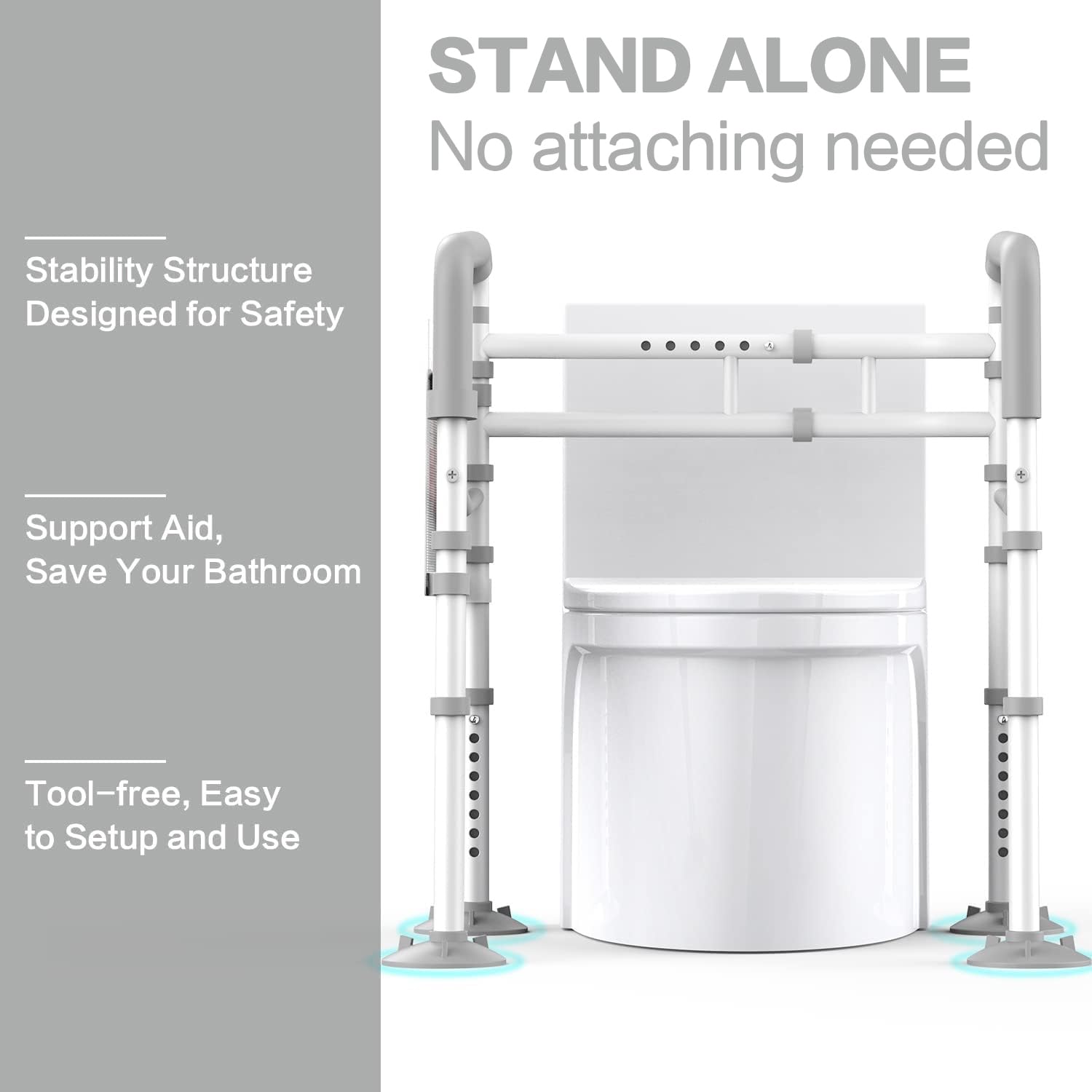 Agrish Stand Alone Toilet Safety Rail - Adjustable Width & Height Fit Any Toilet, Medical Toilet Frame for Elderly Handicap Disabled, Folding Handrails