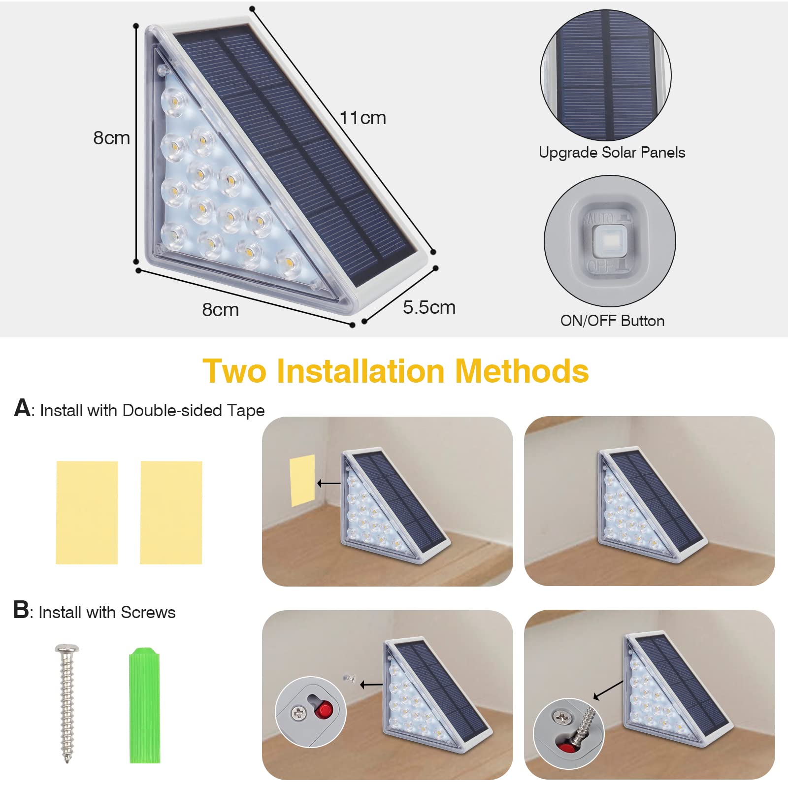 2 Pack Solar Stair Lights, Outdoor Step Lights Solar Powered, Warm White Solar Step Lights Outdoor Waterproof IP67, Auto On/off Solar Lights For Steps Stairs Porch Yard Patio Pathway Decoration