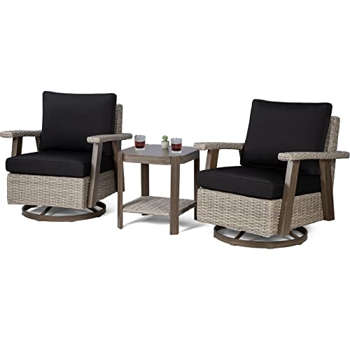 Joyside Outdoor 360 Degree Swivel Rocker Patio Chairs Sets of 2 and Matching Side Table - 3 Piece Wicker Patio Bistro Set with Premium Fabric Cushion(Grey/Black)