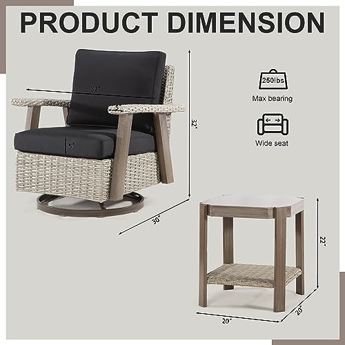 Joyside Outdoor 360 Degree Swivel Rocker Patio Chairs Sets of 2 and Matching Side Table - 3 Piece Wicker Patio Bistro Set with Premium Fabric Cushion(Grey/Black)