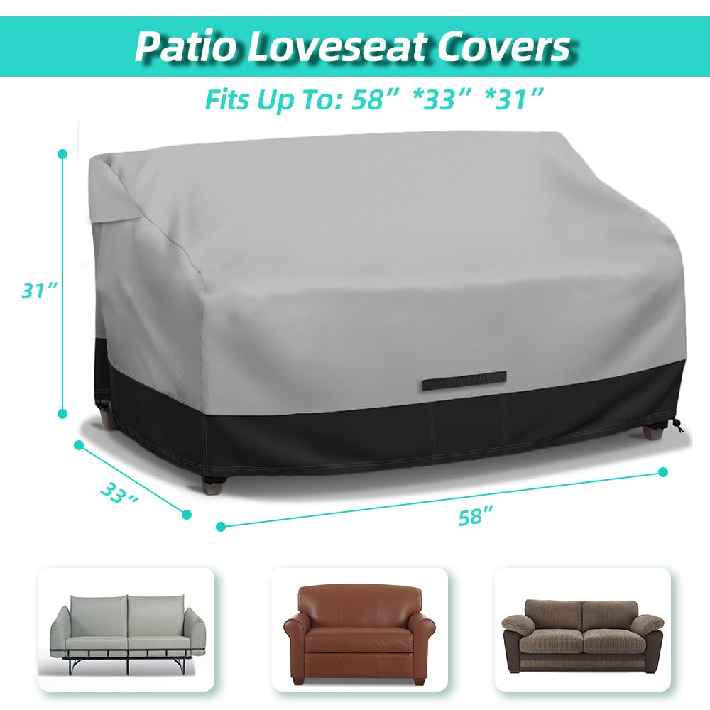 zenicham Fade and Tear Resistant Patio Loveseat Covers, Heavy-Duty Waterproof Outdoor Couch Cover, UV Resistant Outdoor Sofa Cover, Lawn Patio Outdoor Furniture Covers,Gray/Black 54Wx37Dx35H Inch