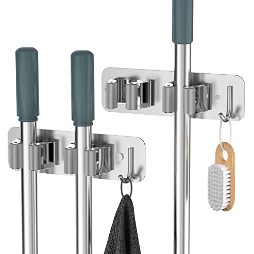 HOMEASY Mop Broom Holder Wall Mounted SUS304 Stainless Steel, Mop Broom Organizer with 2 Installation Methods (No Drilling&Screw Drilling Installation 2 In 1), Mop Hanger Heavy Duty with Hooks, 2PCS