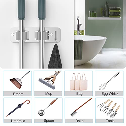 HOMEASY Mop Broom Holder Wall Mounted SUS304 Stainless Steel, Mop Broom Organizer with 2 Installation Methods (No Drilling&Screw Drilling Installation 2 In 1), Mop Hanger Heavy Duty with Hooks, 2PCS