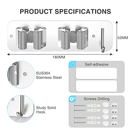 HOMEASY Mop Broom Holder Wall Mounted SUS304 Stainless Steel, Mop Broom Organizer with 2 Installation Methods (No Drilling&Screw Drilling Installation 2 In 1), Mop Hanger Heavy Duty with Hooks, 2PCS