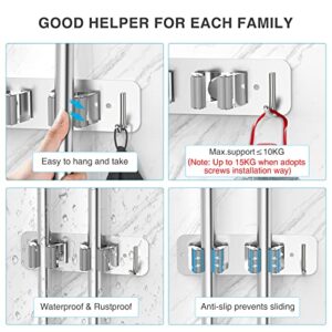 HOMEASY Mop Broom Holder Wall Mounted SUS304 Stainless Steel, Mop Broom Organizer with 2 Installation Methods (No Drilling&Screw Drilling Installation 2 In 1), Mop Hanger Heavy Duty with Hooks, 2PCS