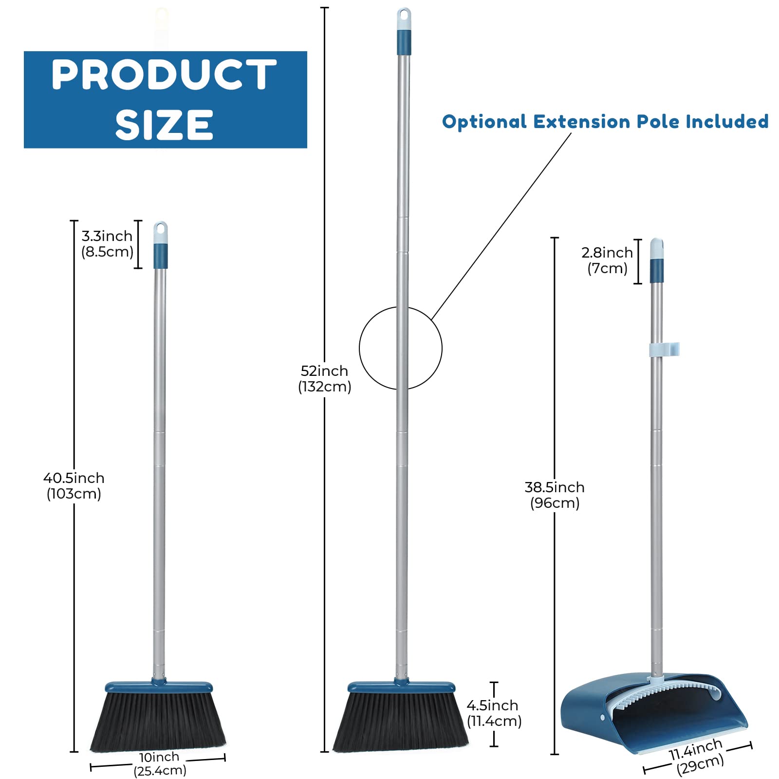 SONCAL Standing Dustpan and Broom Set with 52" Long Extendable Handle for Home, Indoor, Kitchen Room Office Lobby Floor Cleaning