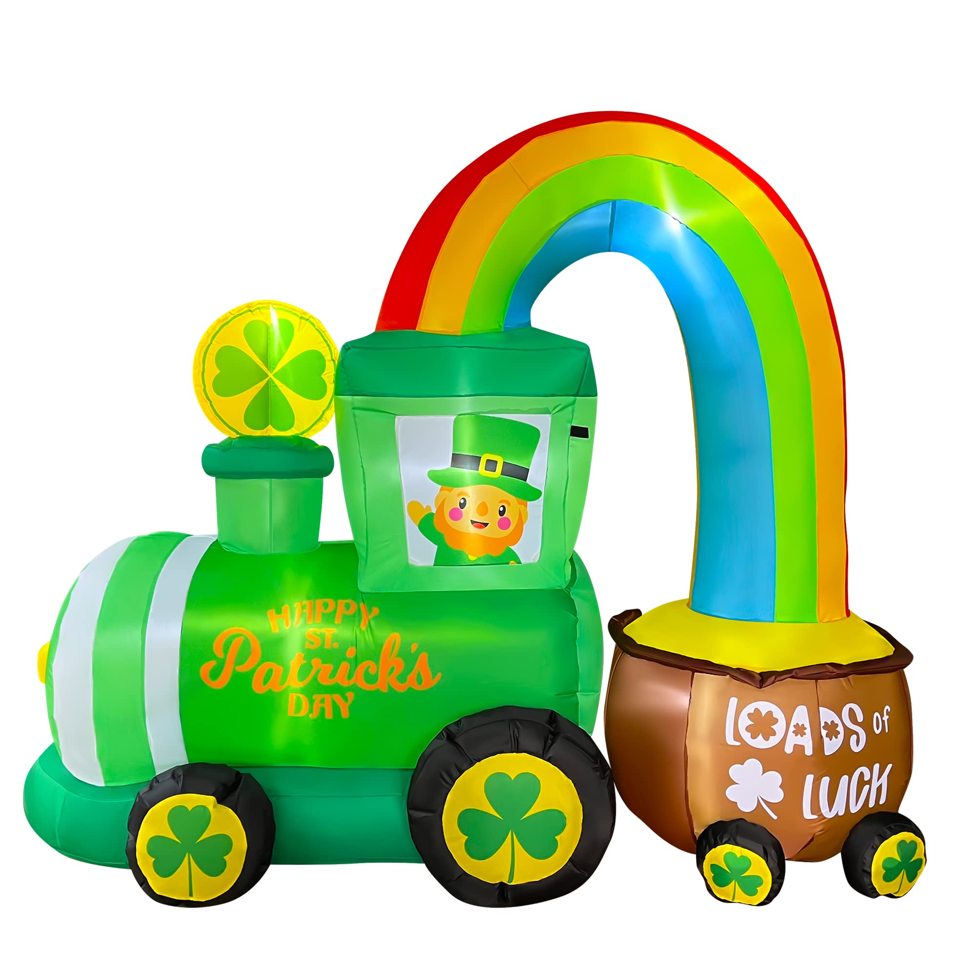 SEASONBLOW 6Ft LED Inflatable St. Patrick's Day Train with Shamrock Rainbow Pot Decoration Lighted Blow up for Home Yard Lawn Garden Indoor Outdoor