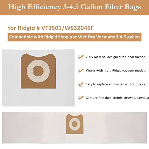 2 Pack VF3500 Replacement Filter for Ridgid 3-4.5 Gallon Wet Dry Vacuums + 4 Pack VF3501 Filter Bags Compatible with Ridgid 3-4.5 Gallon Wet Dry Vacuums (6 Pack)