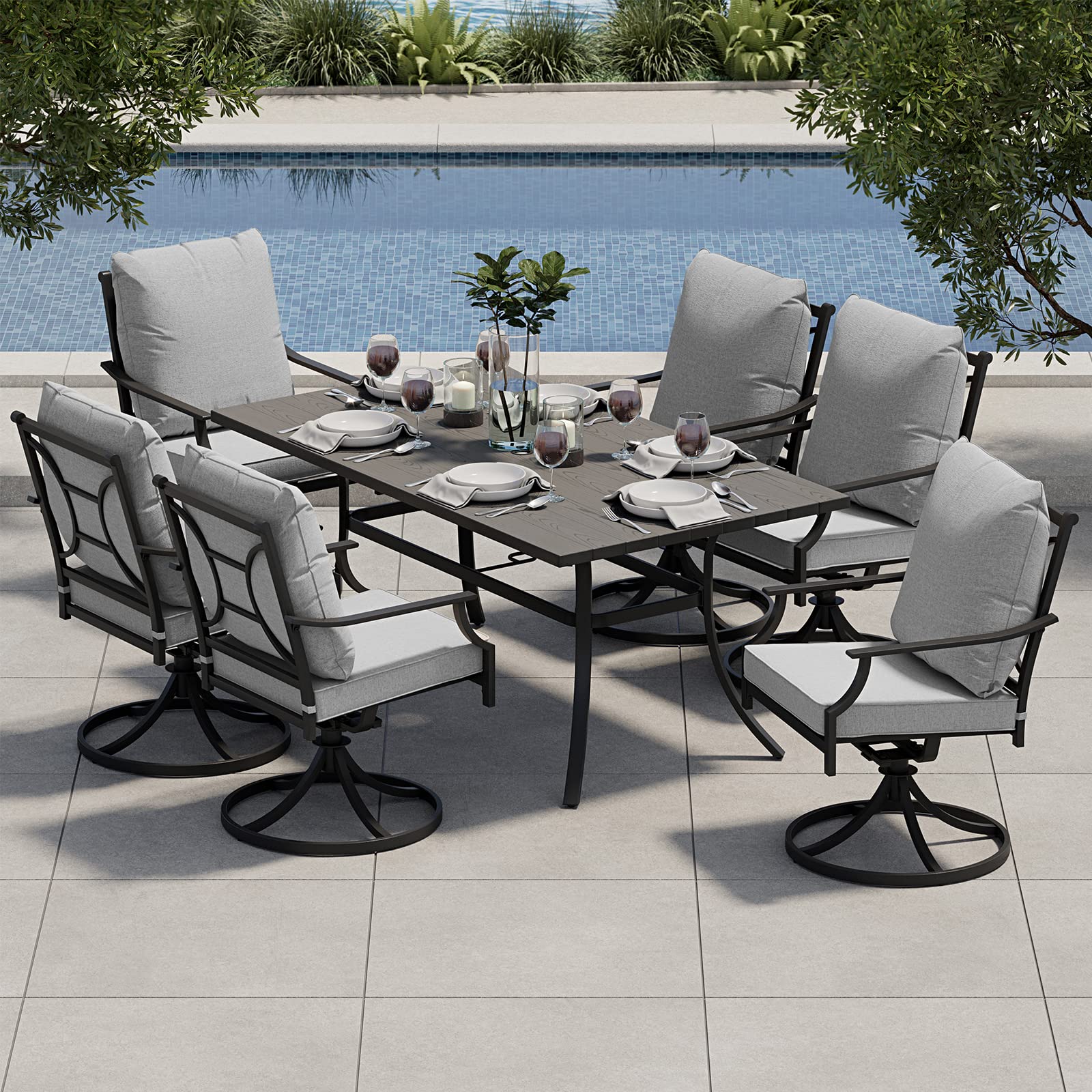 Grand patio 7-Piece Outdoor Dining Set for 6, Patio Dining Furniture Set for 6 Patio Swivel Dining Chairs with Olefin Cushions 1 Rectangular Dining Faux Woodgrain Table with Umbrella Hole, Grey