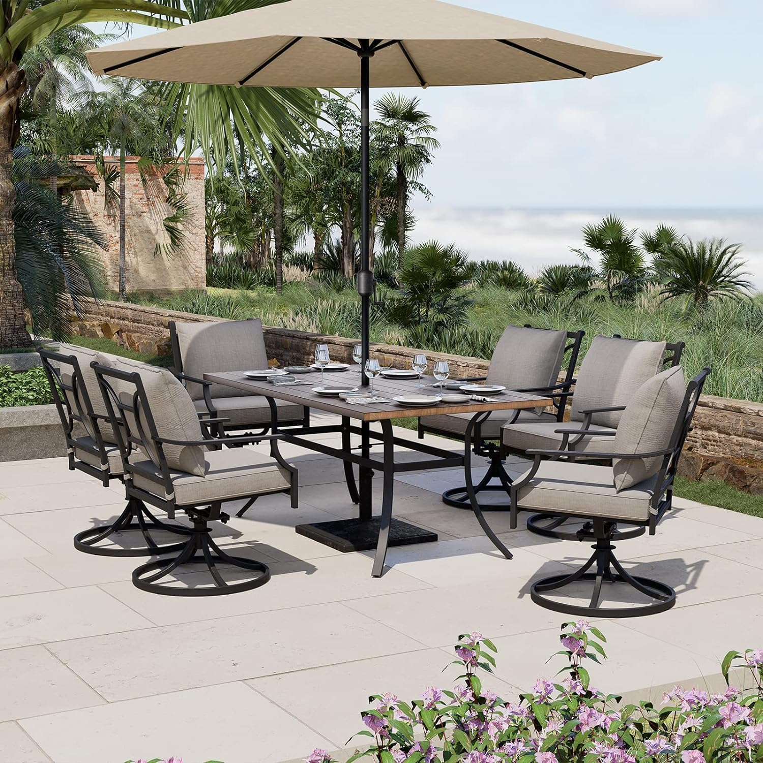 Grand patio 7-Piece Outdoor Dining Set for 6, Patio Dining Furniture Set for 6 Patio Swivel Dining Chairs with Olefin Cushions 1 Rectangular Dining Faux Woodgrain Table with Umbrella Hole, Grey