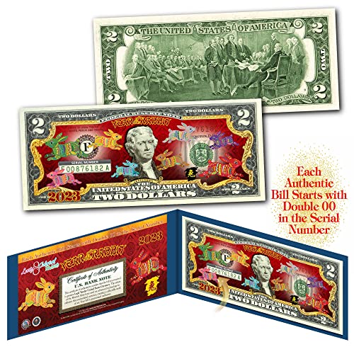 2023 Chinese Lunar New Year Year of The Rabbit Polychrome Uncirculated Two Dollar Bill Special Edition Collectible Display Blue Folio